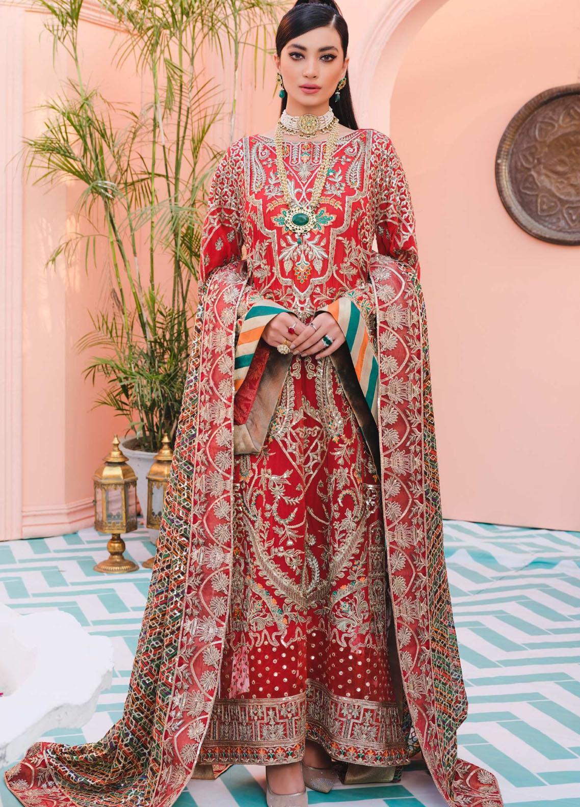 Mashq Luxury Pret Embroidered Chiffon 3 Piece Suit RED TEMPLE