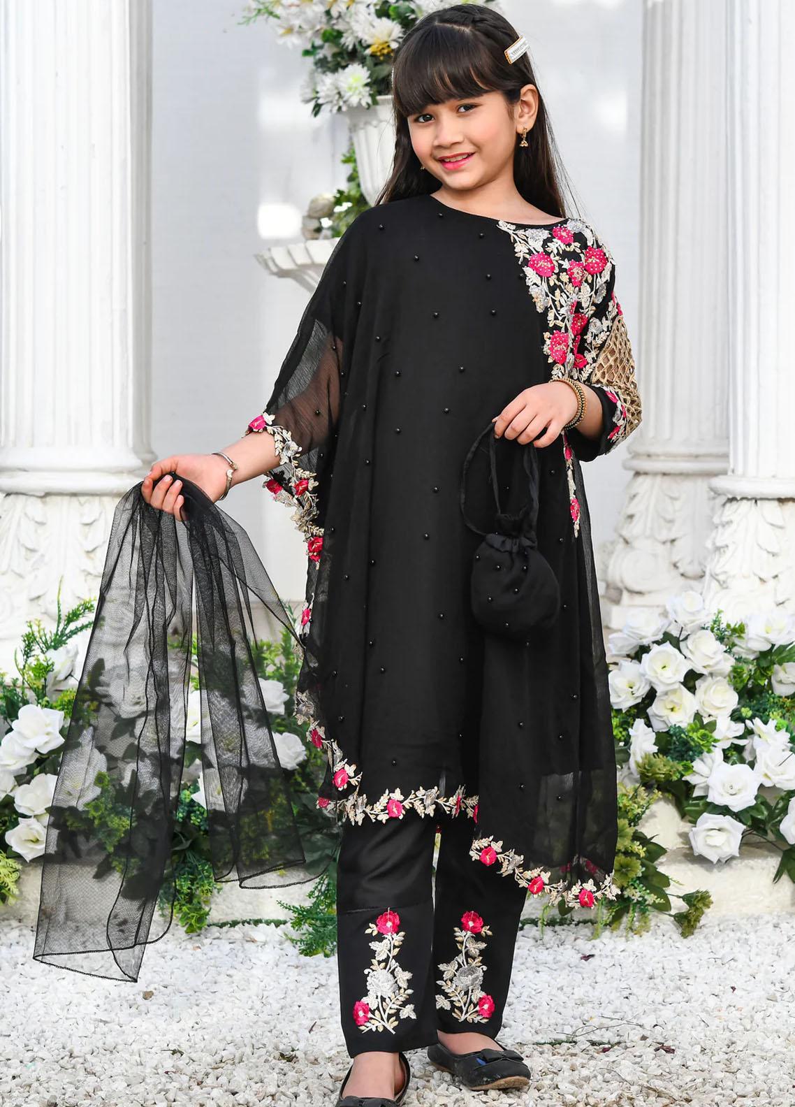 Modest Chiffon Pret 3 Piece Suit for Girls - M4745-Blk-Black