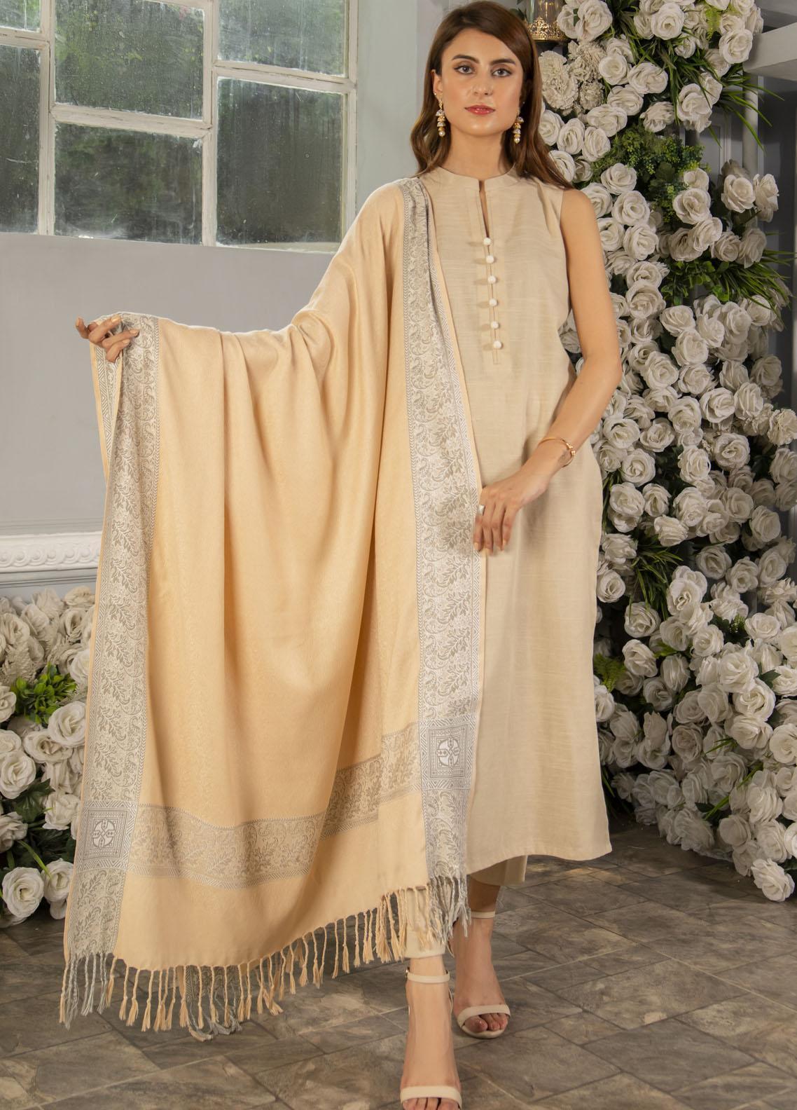Naaz Couture Beige Jacquard Wool Shawl - Winter Shawls