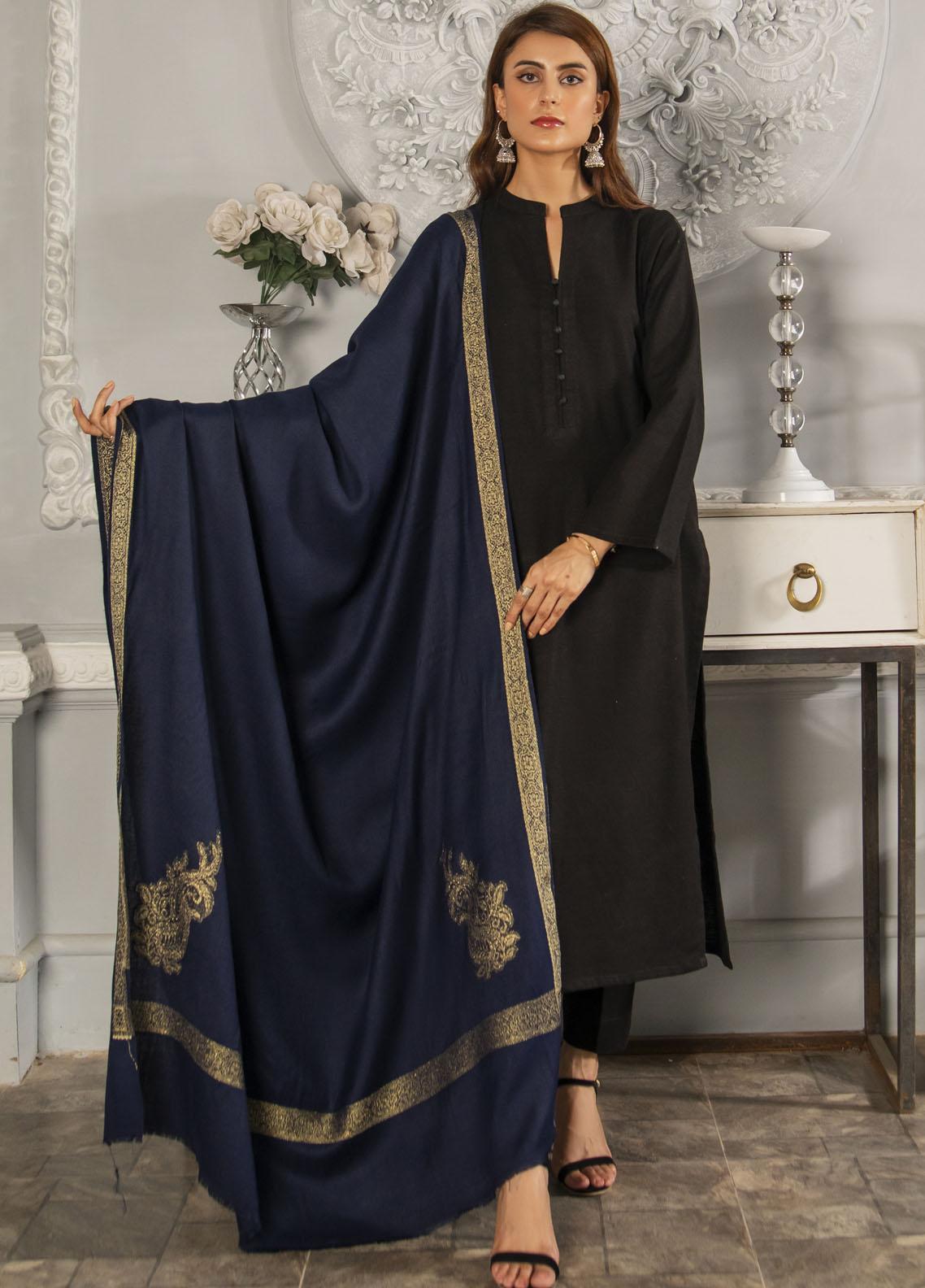 Naaz Couture Navy Blue Pashmina Wool Jacquard Shawl - Winter Shawls