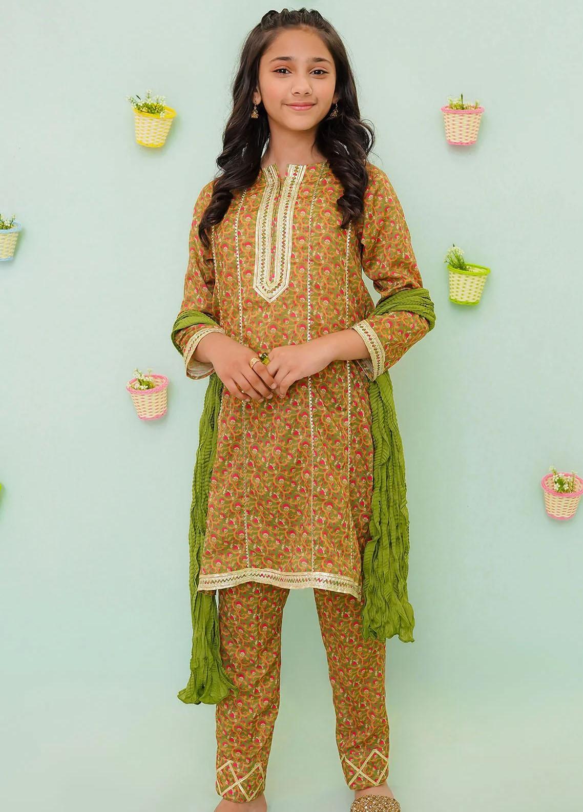 Ochre Cotton Printed 3 Piece Suit for Girls - OFW-PC-13