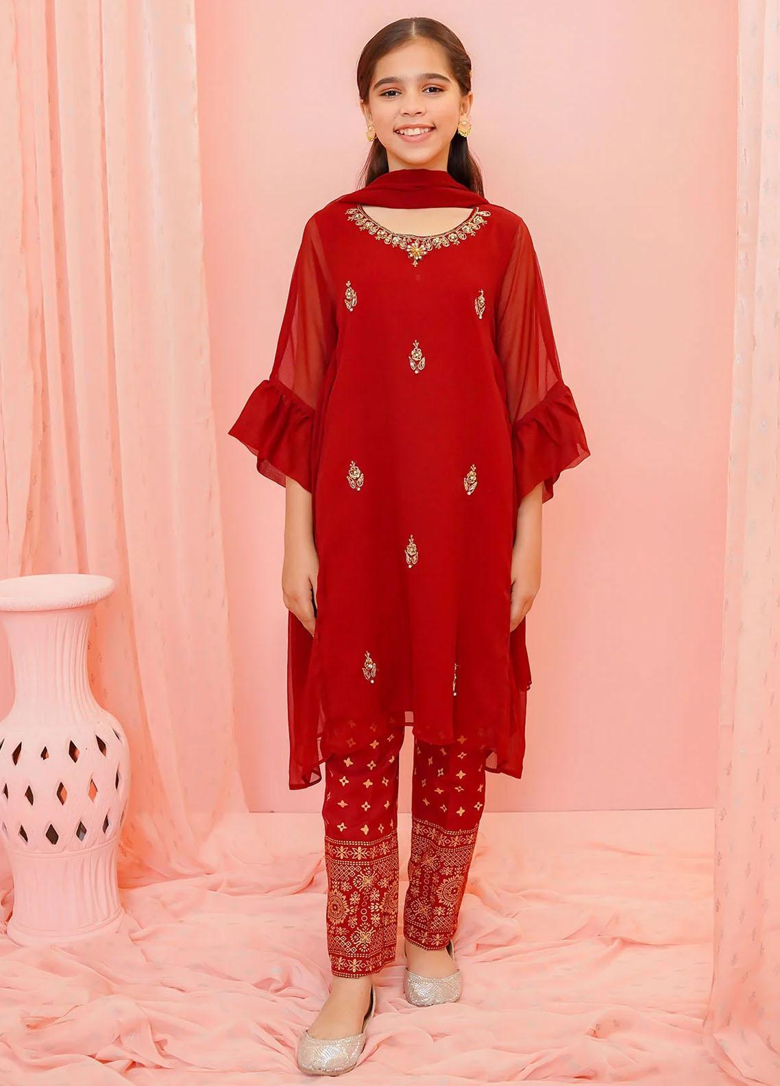 Ochre Chiffon Casual 3 Piece Suit for Girls - OFW-AC-27