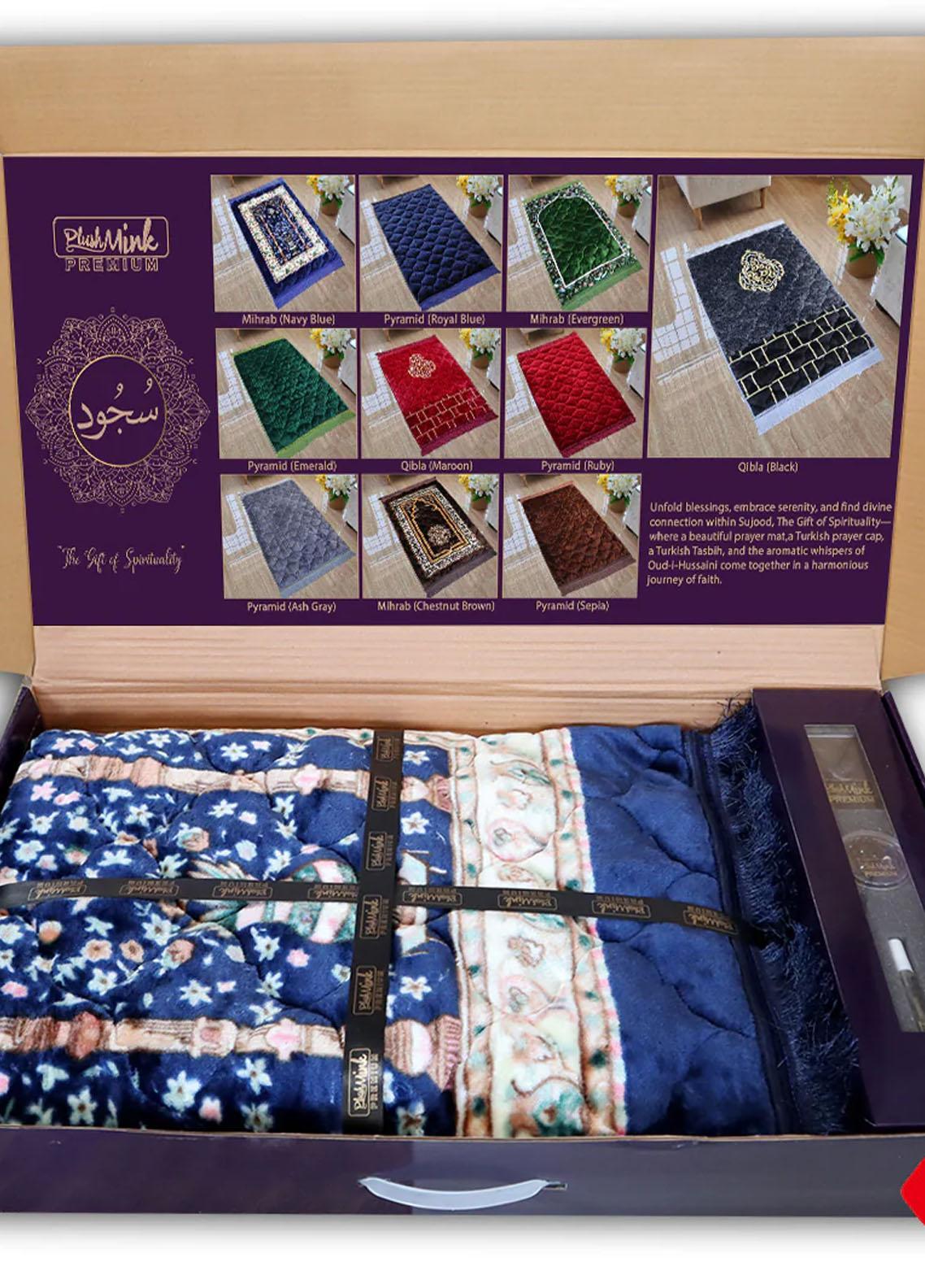 Plush Mink Sujood Prayer Kit Gift Box Printed Royal Blue - Prayer Mats