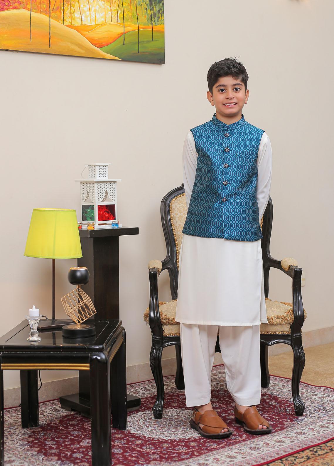 Buy Real Image Jamawar Smart Fit Waistcoat for Kids - KW-001 Firozi ...