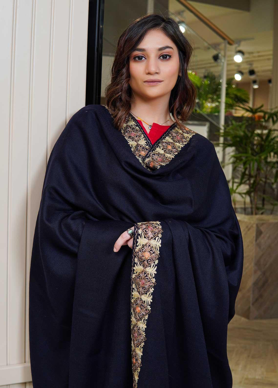 Sanaulla Exclusive Range Pashmina Shawls Siroski Pasily Ad KPS-30 Blue - Pashmina Shawls