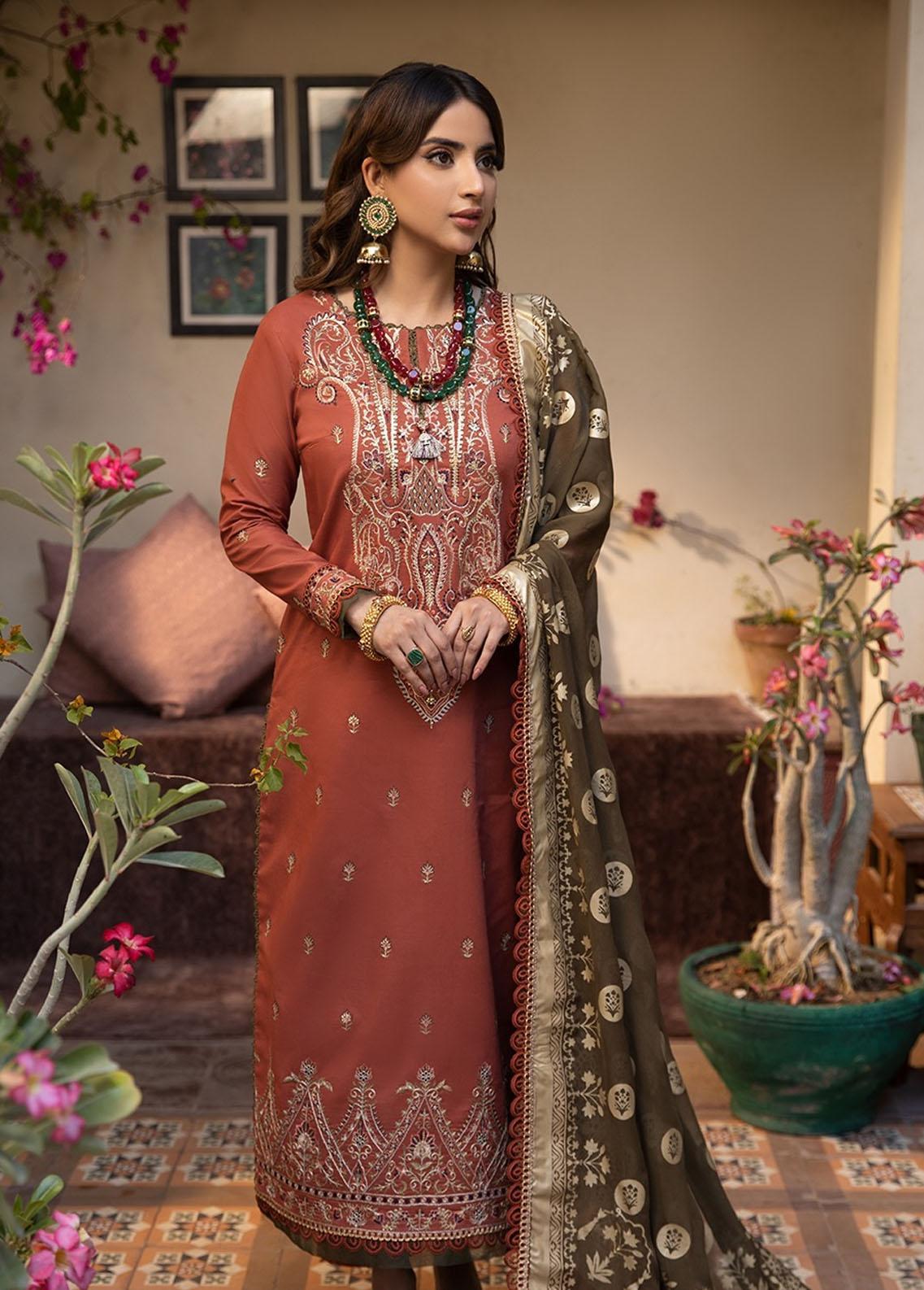 Zarq Barq By Asim Jofa Embroidered Cambric Suits Unstitched 3 Piece AJ23ZB AJZB-14 - Eid Collection
