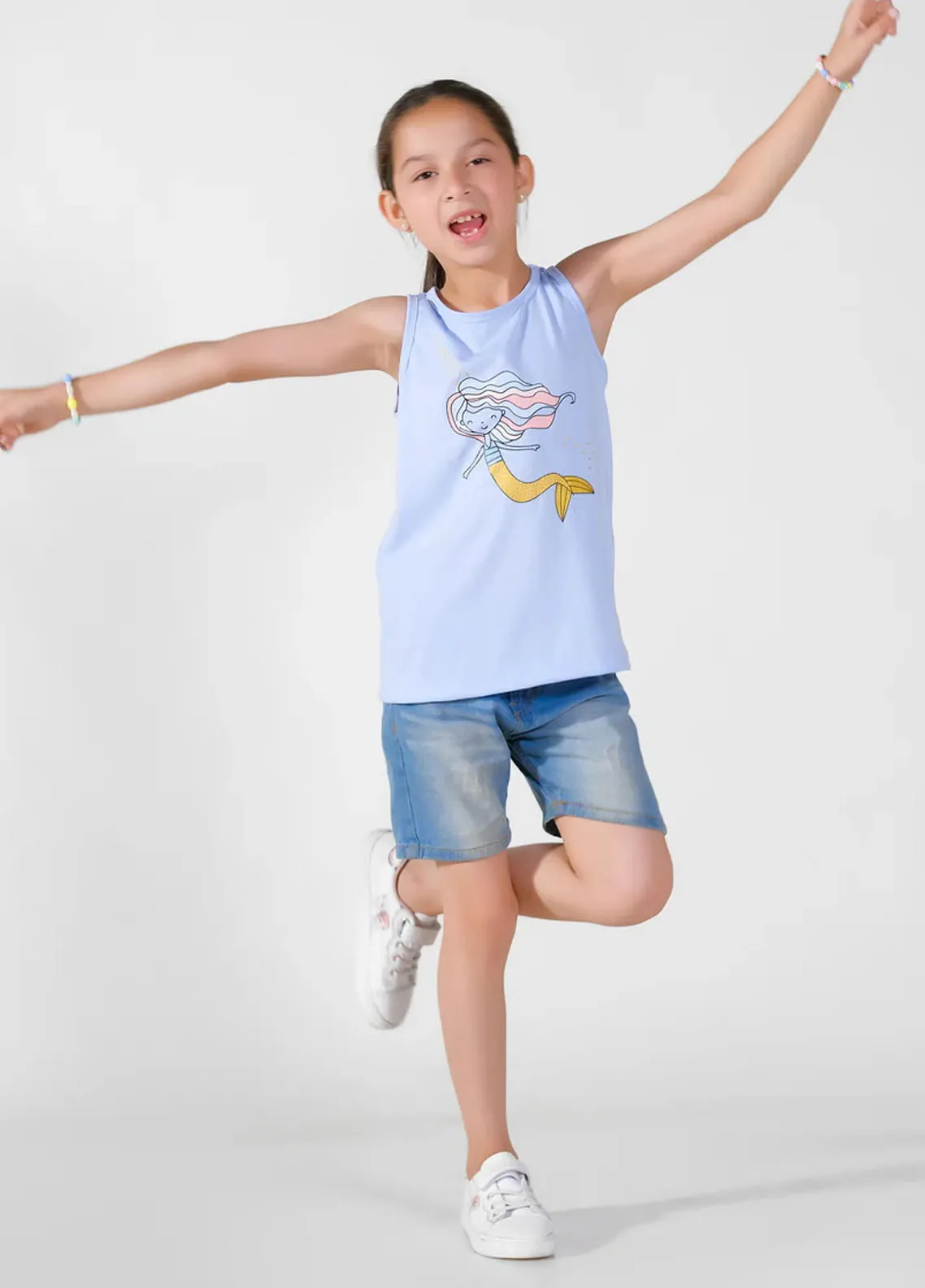 Baby Nest Girls Sando Cartoon Mermaid Sky Blue